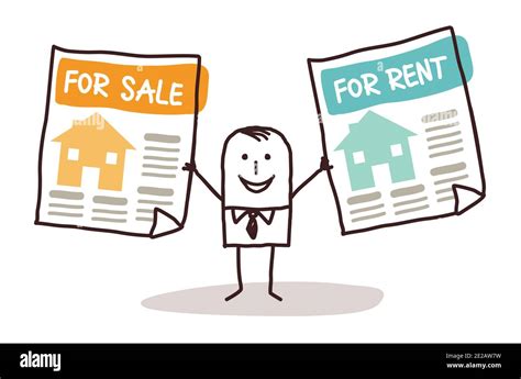 Hand Drawn Cartoon Real Estate Agent With Houses For Sale Or Rent Stock