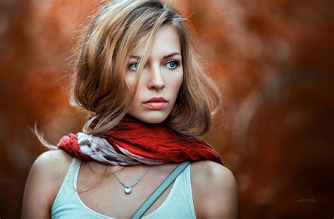 Women Model Blonde Blue Eyes Juicy Lips White Tops Scarf