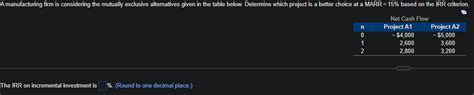 Solved The IRR On Incremental Investment Is Round To Chegg Com