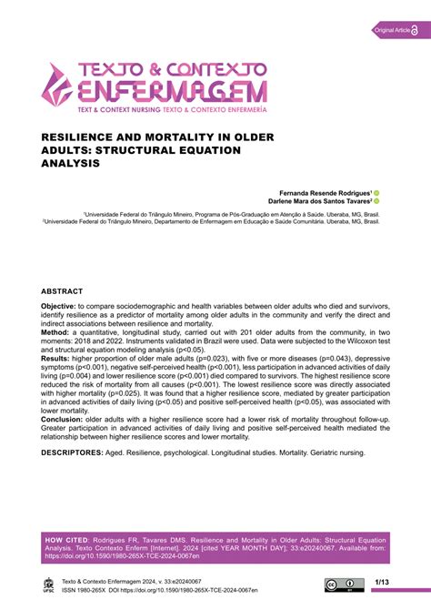 Pdf Resilience And Mortality In Older Adults Structural Equation Analysis