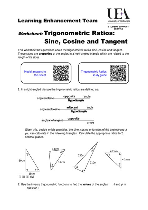 Trigonometric Ratios Sine Cosine And Tangent Worksheet Printable Pdf