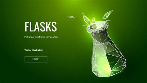 의료 플라스크 낮은 폴리 와이어 프레임 스타일 실험 실험실의 개념 녹색 배경에 고립 된 다각형 추상 파티클은 기하학적 실루엣으로