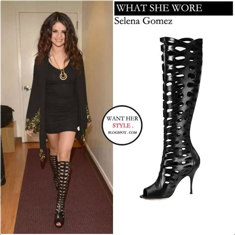 What She Wore Selena Gomez In Black Leather Cutout Knee High Boots On