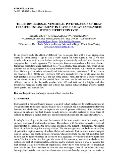 Pdf Three Dimensional Numerical Investigation Of Heat Transfer Enhancement In Plate Fin Heat