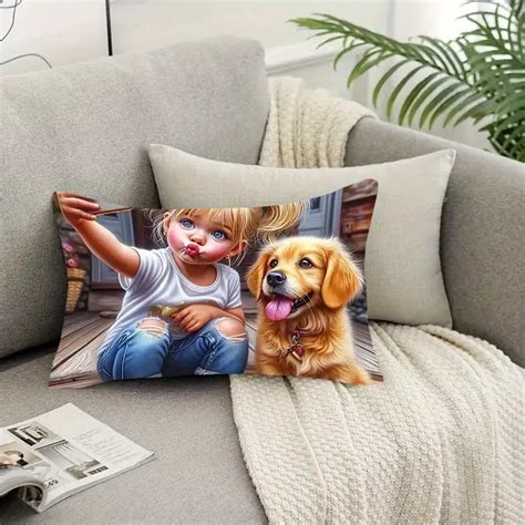 귀여운 강아지와 소녀 그림이 있는 혼합 색상의 플러시 베개 커버 양면 인쇄 12x20인치 집 침실 장식 삽입 Temu Republic Of Korea