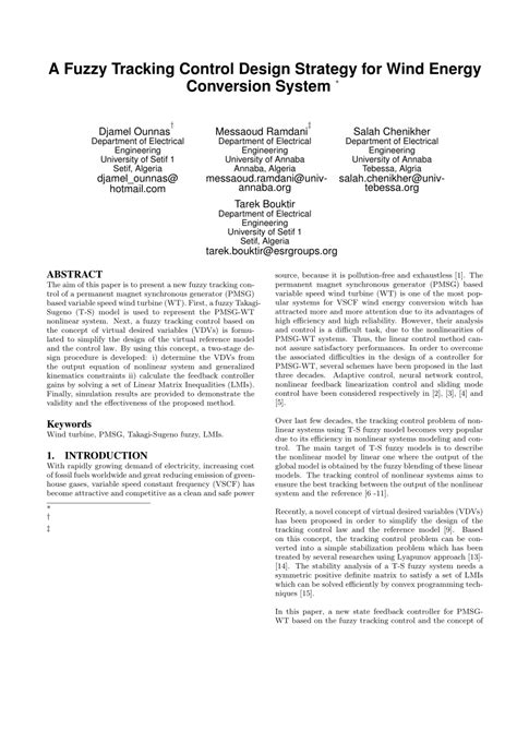 Pdf A Fuzzy Tracking Control Design Strategy For Wind Energy