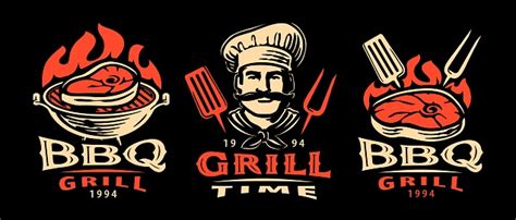 바베큐 그릴 엠블럼과 배지 세트 바베큐 고기 음식 로고 레스토랑 메뉴 벡터 일러스트 레이 션 가공육에 대한 스톡 벡터 아트 및