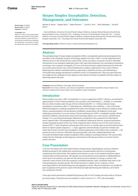 Pdf Herpes Simplex Encephalitis Detection Management And Outcomes