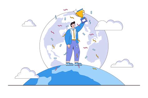 사업가 세계적인 우승자 글로벌 경쟁에서 승리 성공 또는 승리 국제 달성 세계화 비즈니스 개념 행성 지구에 서서 상금 트로피를 보유한 기업가 글로벌 비즈니스에 대한 스톡 벡터