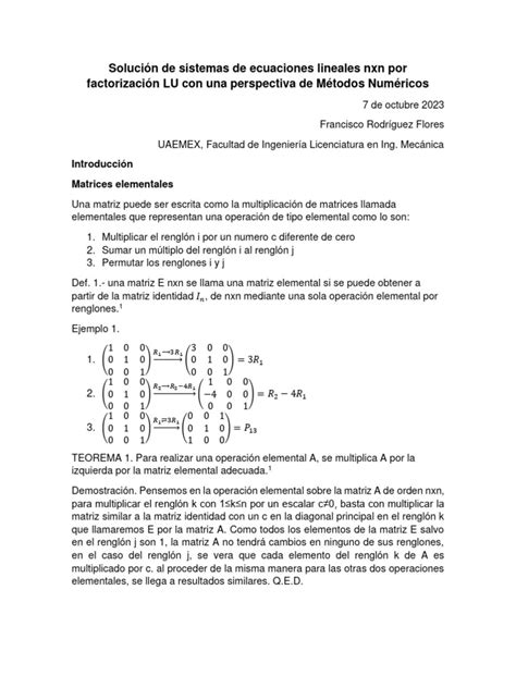 solución de sistemas de ecuaciones lineales nxn por factorización lu con una perspectiva de