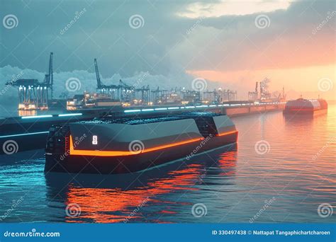 Autonomous Cargo Ship Docking At Futuristic Spaceport With Colorful Lights And Futuristic
