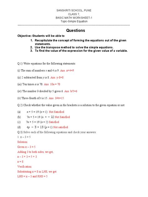 7 Math Basic Ws 1 Simple Equations Ak Pdf Equations Algebra
