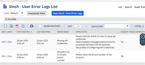 Netsuite User Error Logs Sinch Messagemedia