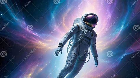 Astronaut Floating In The Void Of Space Surrounded By A Soft Radiant Holographic Aura Stock