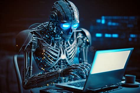 Ai Robot Working With Computer Futuristic Humanoid Worker Generative