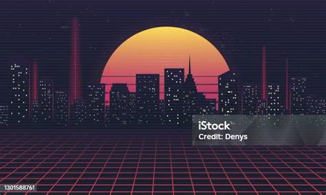 복고풍미래의 밤 도시 네온 조명 복고풍 태양과 레이저 그리드와 도시 경관 사이버 펑크 개념 증기파 추상적 배경 벡터 일러스트레이션 신스웨이브 스타일에 대한 스톡 벡터 아트