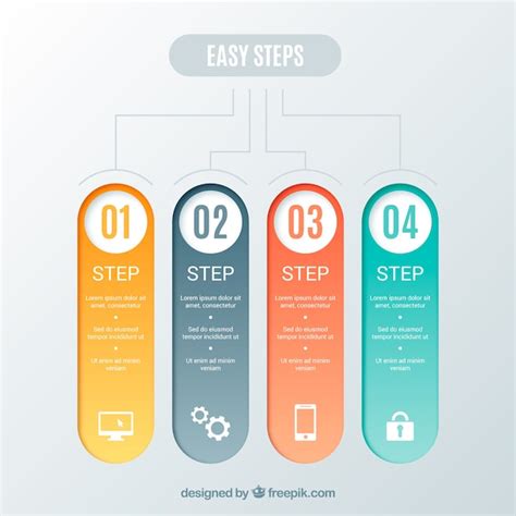 현실적인 스타일의 단계와 화려한 인포 그래픽 무료 벡터