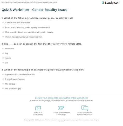 Quiz And Worksheet Gender Equality Issues