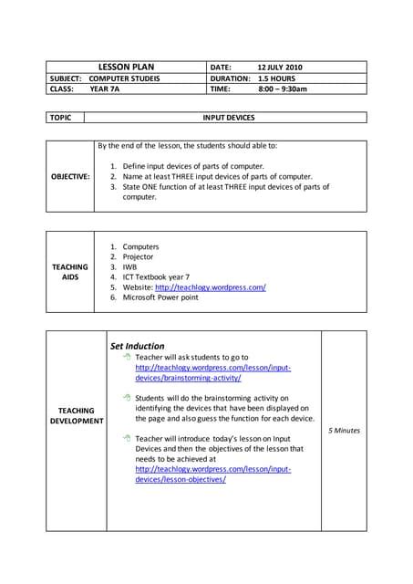 Lesson Plan Input Devices Pdf