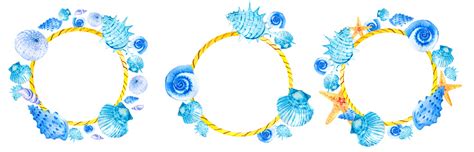 흰색 배경에 바다 조개 별과 달팽이와 수채화 둥근 프레임 해양 조성 일러스트레이션 손으로 그린 엽서 디자인 템플릿을 위한 클립