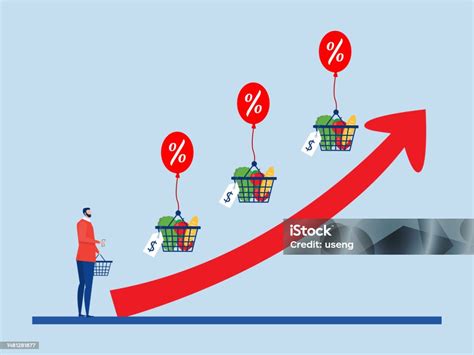 상품 인플레이션 식량 가격 위기 상승으로 사업가 분석 인플레이션 개념 상승으로 인해 상품 및 소비재 가격이 상승했습니다 벡터 일러스트 레이 션 소비자주의에 대한 스톡 벡터