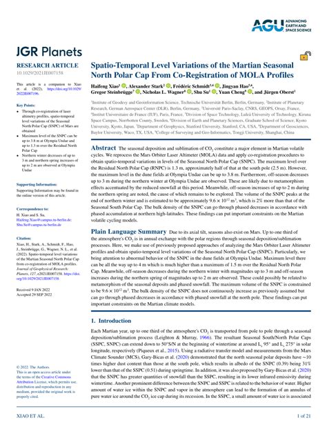 Pdf Spatio‐temporal Level Variations Of The Martian Seasonal North Polar Cap From Co