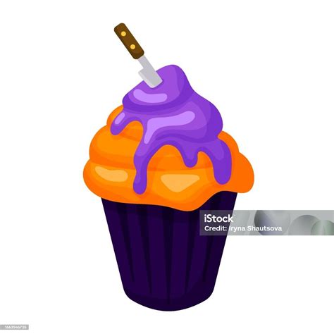 칼과 만화 스타일의 콧물 아이싱이 있는 할로윈 컵케이크 해피 할로윈 컵케이크 흰색 배경에 분리된 벡터 그림입니다 부엌 칼에 대한