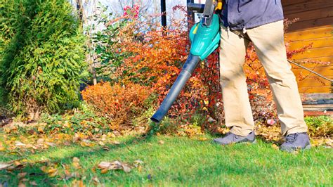 정원사는 손에 송풍기를 들고 낙엽에서 잔디밭을 청소합니다 전기 송풍기로 정원에서 일하십시오 잎은 공기 흐름의 영향으로 풀밭에서