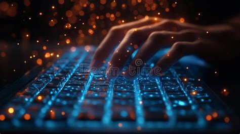 Futuristic Hands Typing On Keyboard With Neon Glowing Effects Stock Illustration Illustration