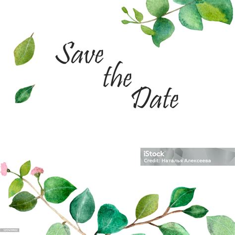 수채화 손 그린 자연 프레임 구성 녹색 유칼립투스와 분홍색 꽃 봉오리와 함께 흰색 배경에 날짜 텍스트를 저장 결혼식 초대장 및 텍스트 공간이있는 카드 0명에 대한 스톡 벡터