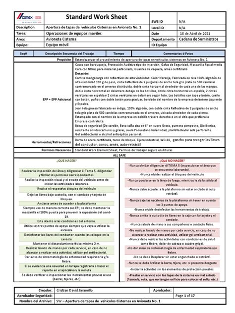 standard work template scaandc all safe apertura de tapas en vehiculos