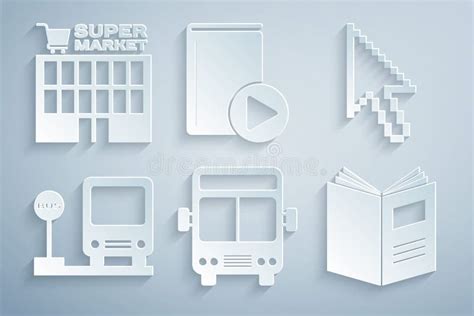 Set Bus Pixel Arrow Cursor Stop Open Book Audio And Supermarket Building Icon Vector Stock