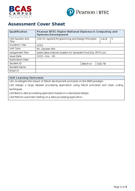 Unit 20 Apdp Assignment On Sales Data Analysis System Studocu