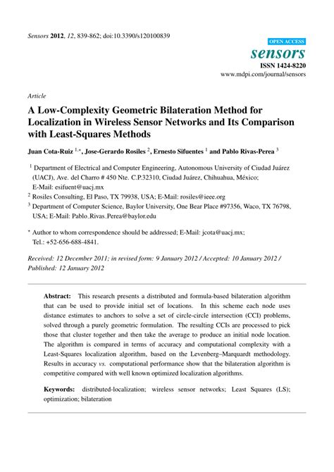 pdf a low complexity geometric bilateration method for localization in wireless sensor