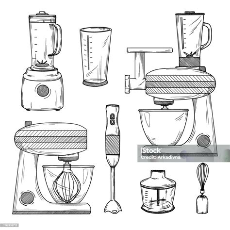 다양한 블렌더와 주방 로봇의 대형 세트 벡터 일러스트레이션 그리기에 대한 스톡 벡터 아트 및 기타 이미지 그리기 일러스트레이션 기계류 Istock