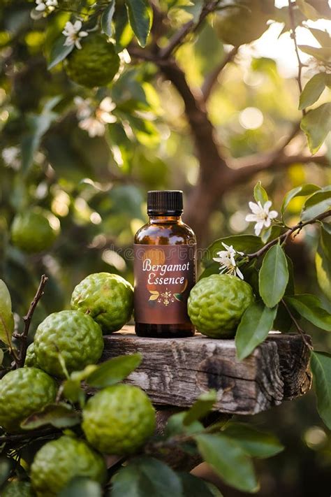 Bergamot Essential Oil Bottle Around Bergamote Fruits Among Garden Ai Generated Stock
