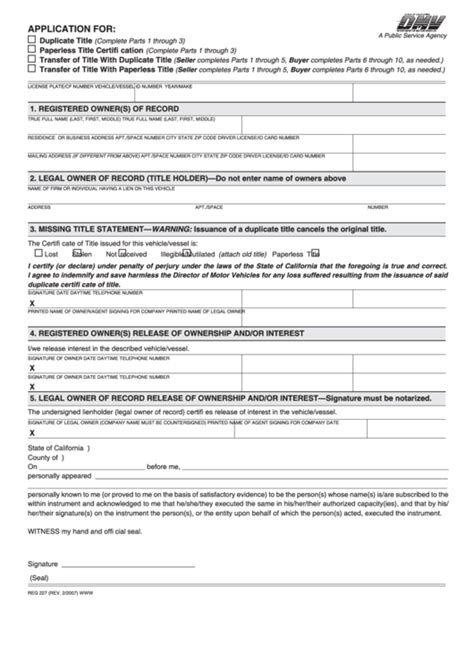 Fillable Form Reg 227 Application For Duplicate Or Paperless Title