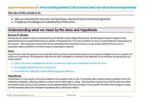 Aqa A Level Psychology Research Methods Aims And Hypothesis Teaching Resources
