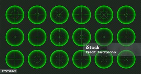 다양한 무기 야간 명소 저격 소총 광학 스코프 십자선이있는 사냥 총 뷰파인더 조준 촬영 마크 기호 군사 대상 표지판 실루엣 게임 Ui 요소입니다 벡터 일러스트 레이 션