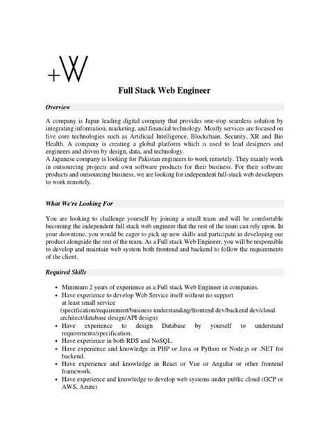Jd Full Stack Web Engineer Pdf Information Technology Computer