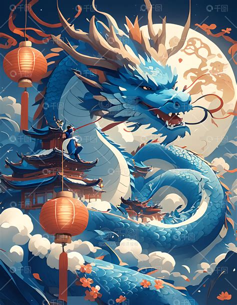 插画ai数字艺术 蓝色中国龙月亮古建筑灯笼插画 Ai平面元素免费下载png格式2688像素编号70909950 千图网