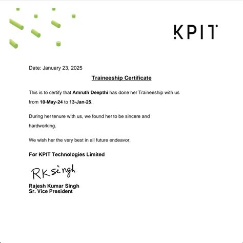 Happy To Share That I Have Successfully Completed My Internship At Kpit Amruth Deepthi 16