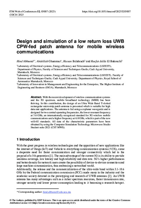 Pdf Design And Simulation Of A Low Return Loss Uwb Cpw Fed Patch Antenna For Mobile Wireless