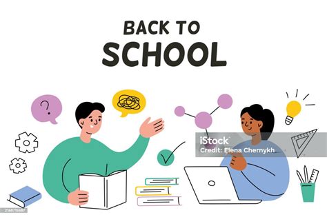 플랫 만화 스타일로 돌아 가기 벡터 일러스트 레이 션 두 학생이 공부하고 아이디어를 토론하고 있습니다 교육 아이콘 책 노트북