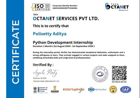 Finished Python Development Internship At Octanet Adithya Polisetty