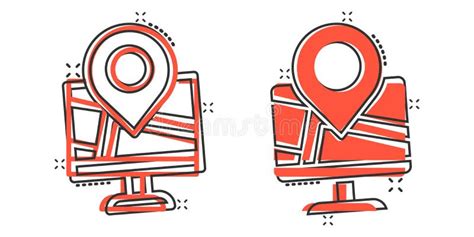 Computer Navigation Icon In Comic Style Monitor Pin Gps Cartoon Vector
