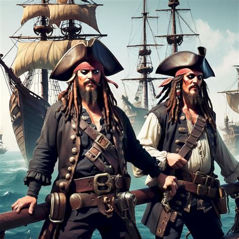 Two Men In Pirate Uniforms Stand In Front Of A Ship With Sails