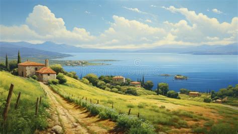 Serene Countryside A Realistic Oil Painting Of An Antique Greek Island