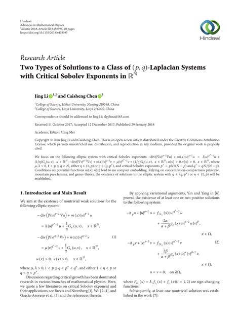Pdf Two Types Of Solutions To A Class Of P Q Laplacian Systems With Critical Sobolev
