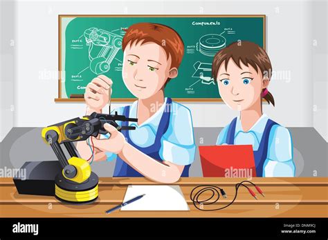 A Vector Illustration Of Students Building A Robot In Class Stock